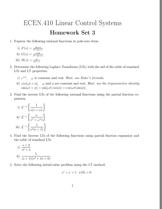 Solved ECEN.410 Linear Control Systems Homework Set 3 1. | Chegg.com