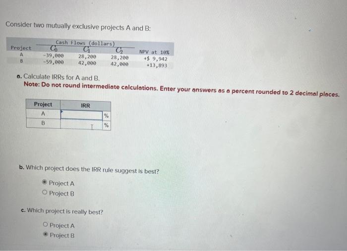 Solved Consider two mutually exclusive projects A and B : a. | Chegg.com