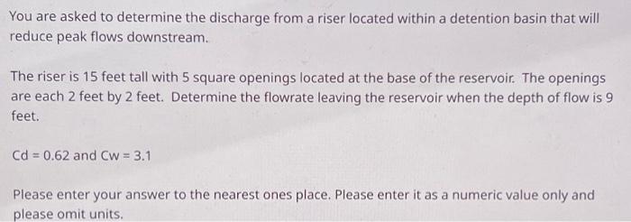 Solved You are asked to determine the discharge from a riser | Chegg.com
