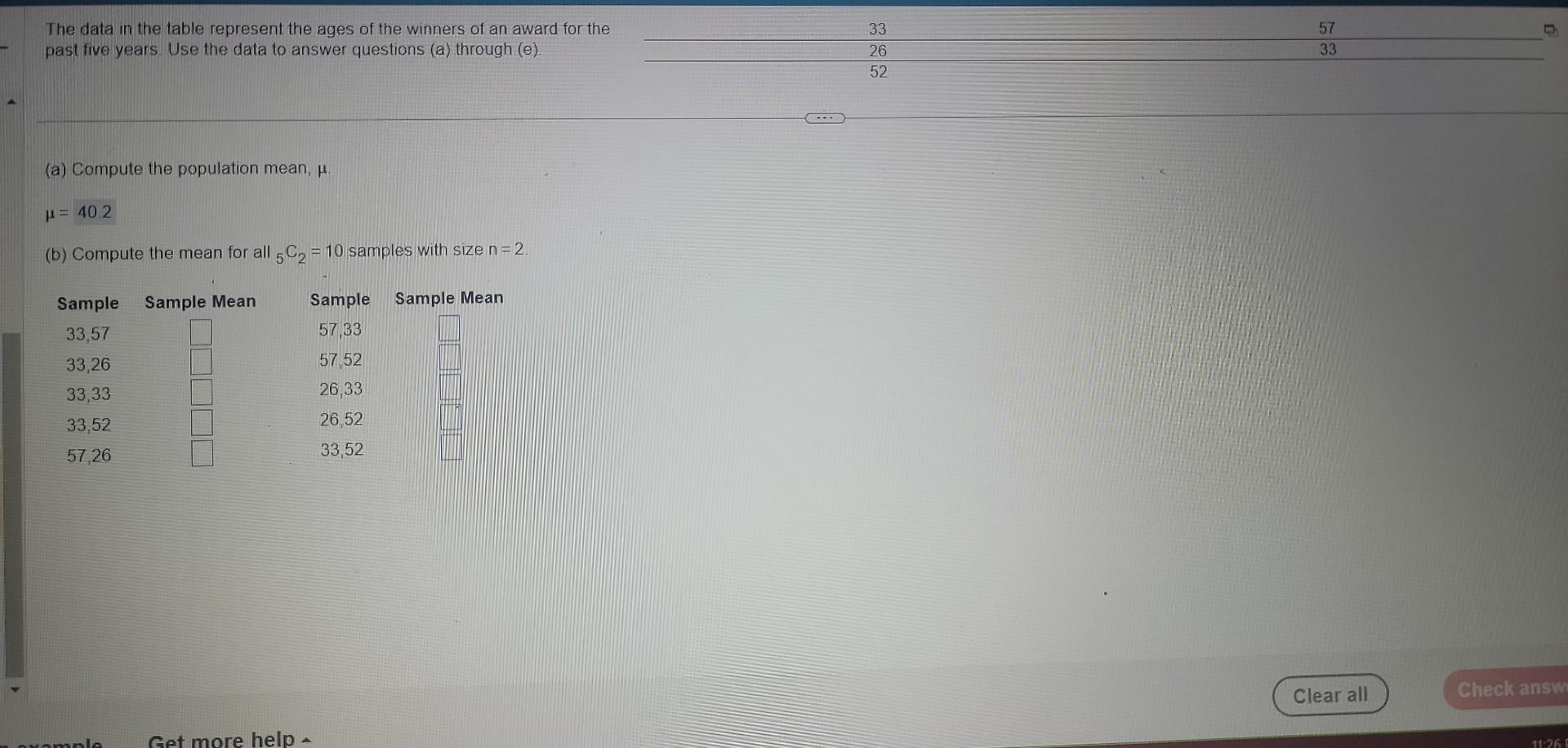 Solved (a) Compute the population mean, μ. μ=40.2 (b) | Chegg.com