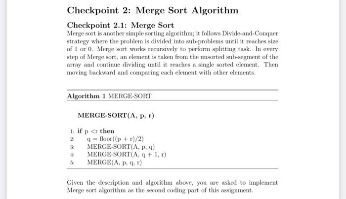 Solved Checkpoint 2: Merge Sort Algorithm Checkpoint 2.1: | Chegg.com