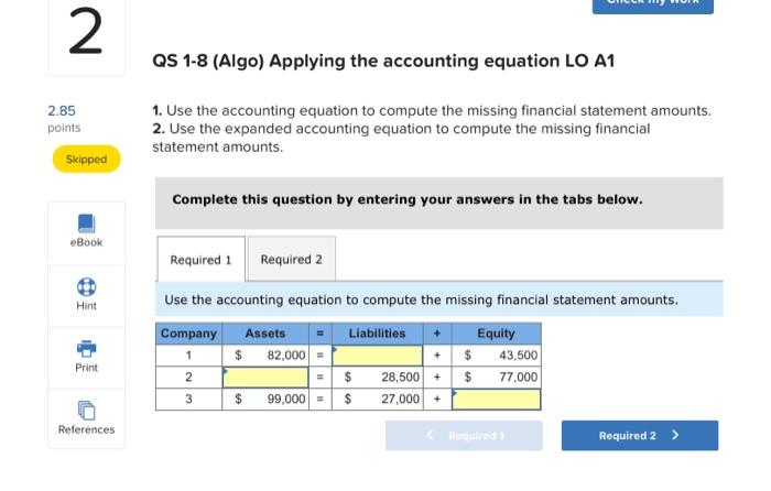 Solved (Algo) Applying the accounting equation LO A1 2 | Chegg.com