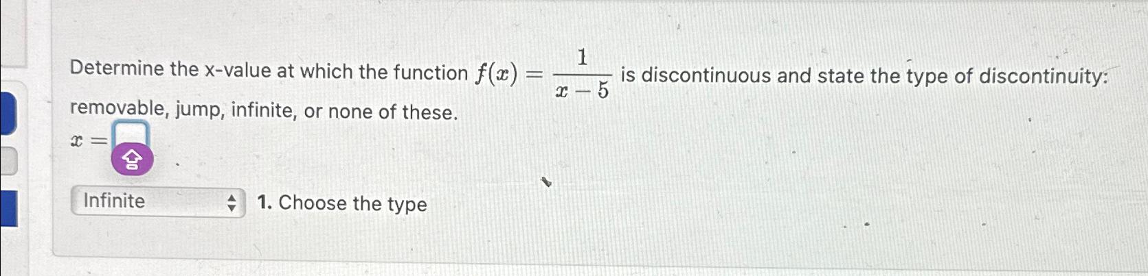 Solved Determine the x-value at which the function f(x)=1x-5 | Chegg.com