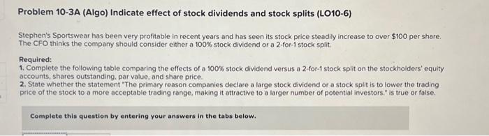 Solved Problem 10-3A (Algo) Indicate effect of stock | Chegg.com