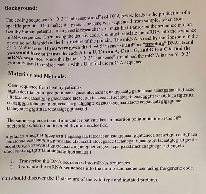 Solved Background: The coding sequence (5' 3" "antisense | Chegg.com