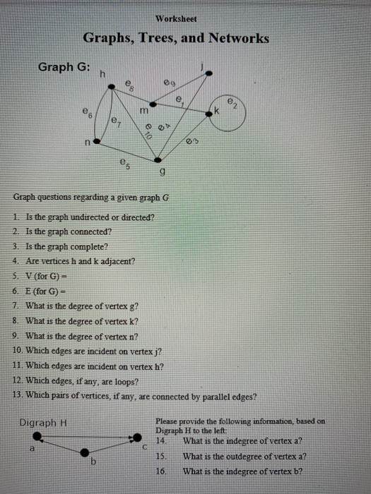 Solved Worksheet Graphs, Trees, and Networks Graph G: h 8 eo | Chegg.com