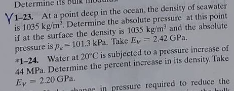 Solved 1-23. ﻿At a point deep in the ocean, the density of | Chegg.com