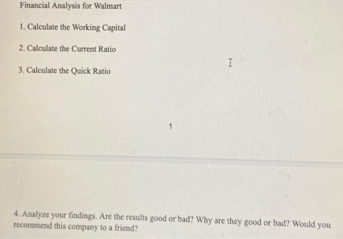 Financial Analysis for Walmart 1. Calculate the | Chegg.com