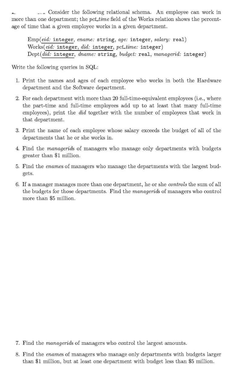 Solved Consider the following relational schema. An employee | Chegg.com
