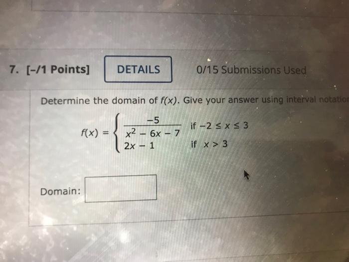 Solved 0/15 Submissions Used Determine the domain of f(x). | Chegg.com