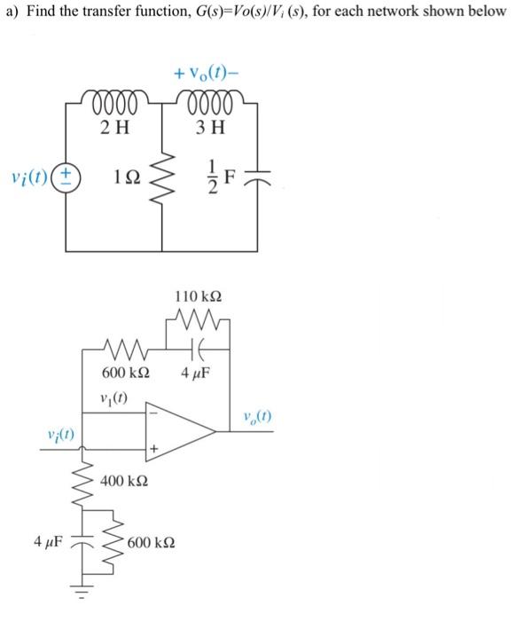 Solved a) Find the transfer function, G(s)=Vo(s)/Vi(s), for | Chegg.com