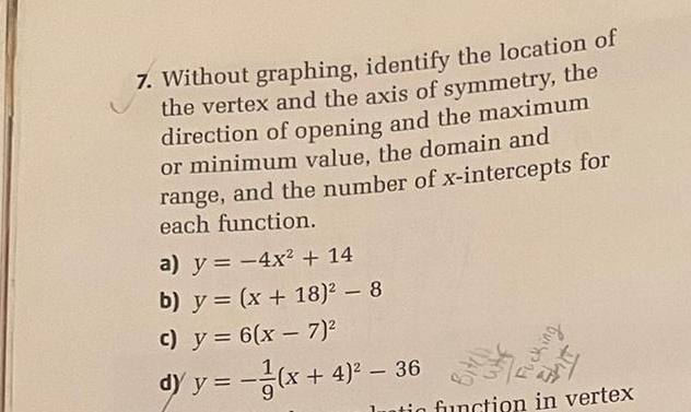 Solved Without graphing, identify the location of the vertex | Chegg.com