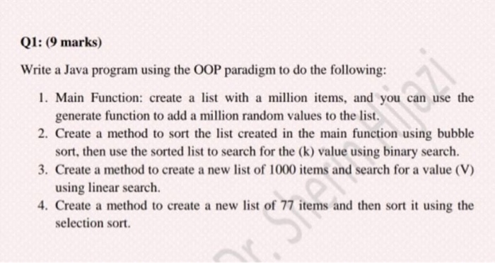 Solved Q1: (9 marks) Write a Java program using the OOP | Chegg.com