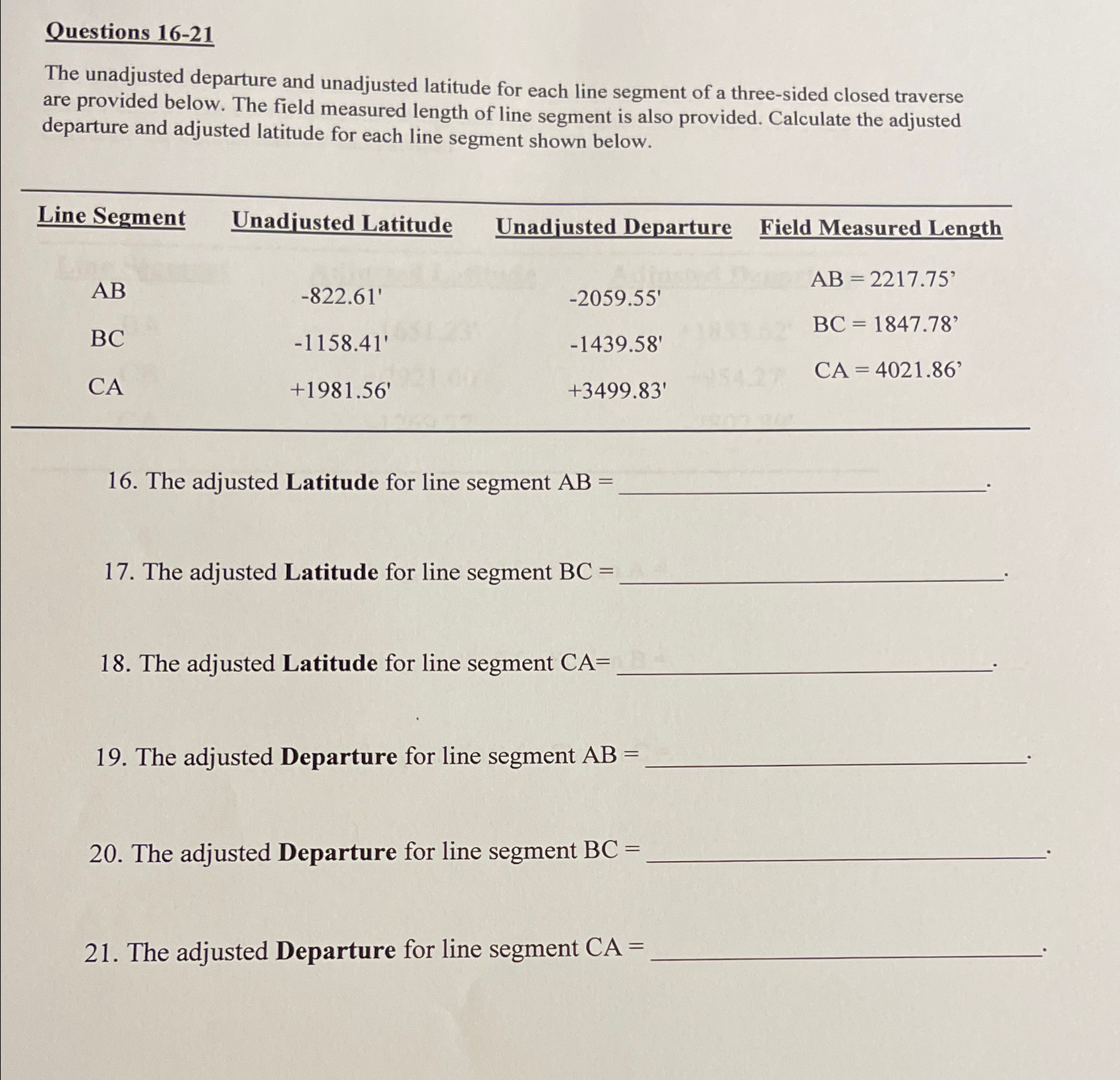Solved Questions 16-21The unadjusted departure and | Chegg.com