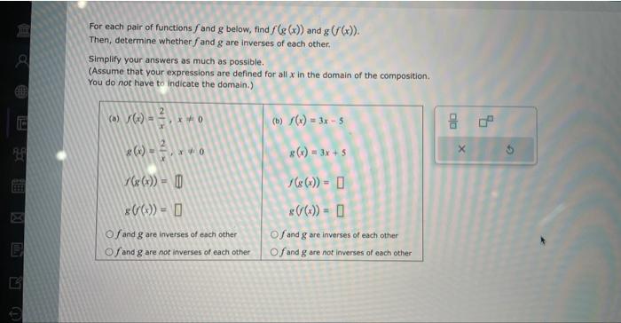 Solved For each pair of functions f and g below, find | Chegg.com