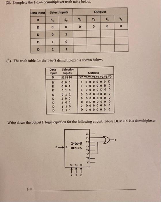 Solved (2). Complete the 1-to-4 demultiplexer truth table | Chegg.com