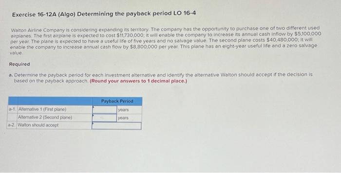 Solved Exercise 16-12A (Algo) Determining the payback period | Chegg.com