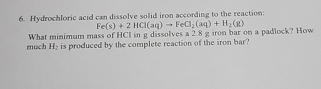 Solved Hydrochloric acid can dissolve solid iron according | Chegg.com