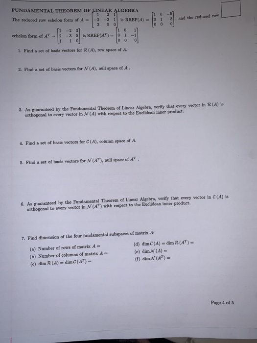Solved FUNDAMENTAL THEOREM OF LINEAR ALGEBRA 1 2 1 The | Chegg.com
