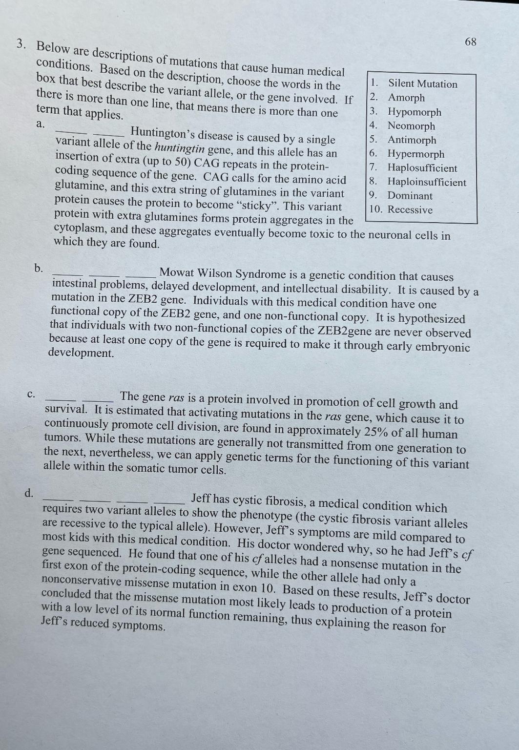 Solved Below are descriptions of mutations that cause human | Chegg.com