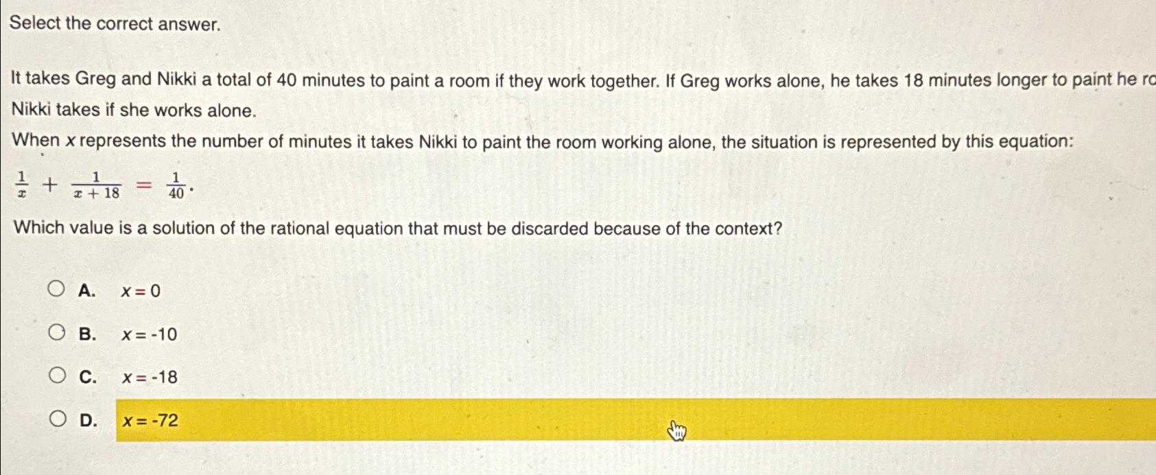 Solved Select the correct answer.It takes Greg and Nikki a | Chegg.com
