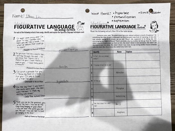 Word Bank: hyperbole -simile, pallusion Name: Fhare | Chegg.com