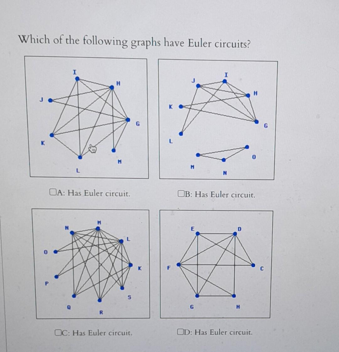 Solved Which of the following graphs have Euler circuits? A: | Chegg.com