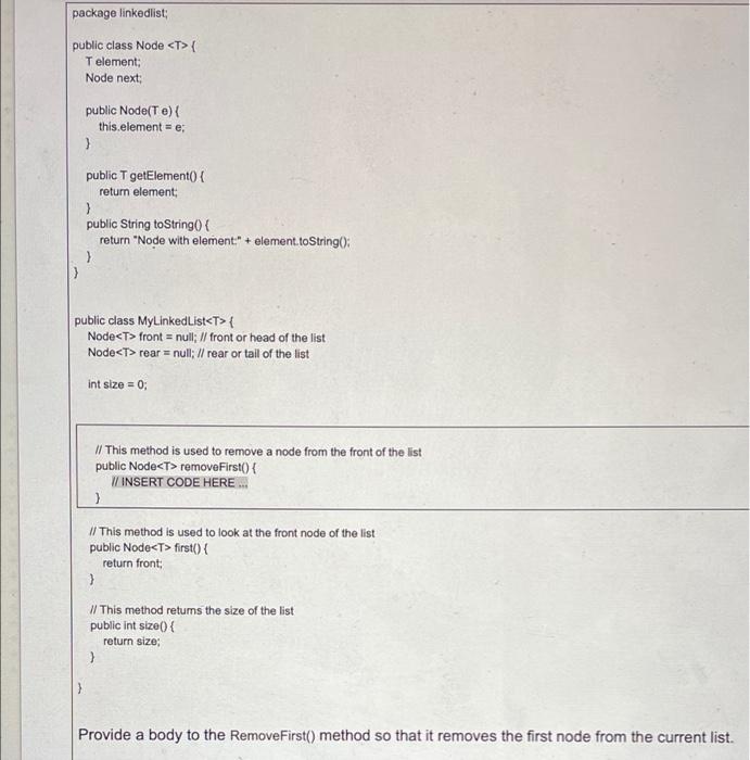Solved package linkedlist public class Node ( T element Node | Chegg.com