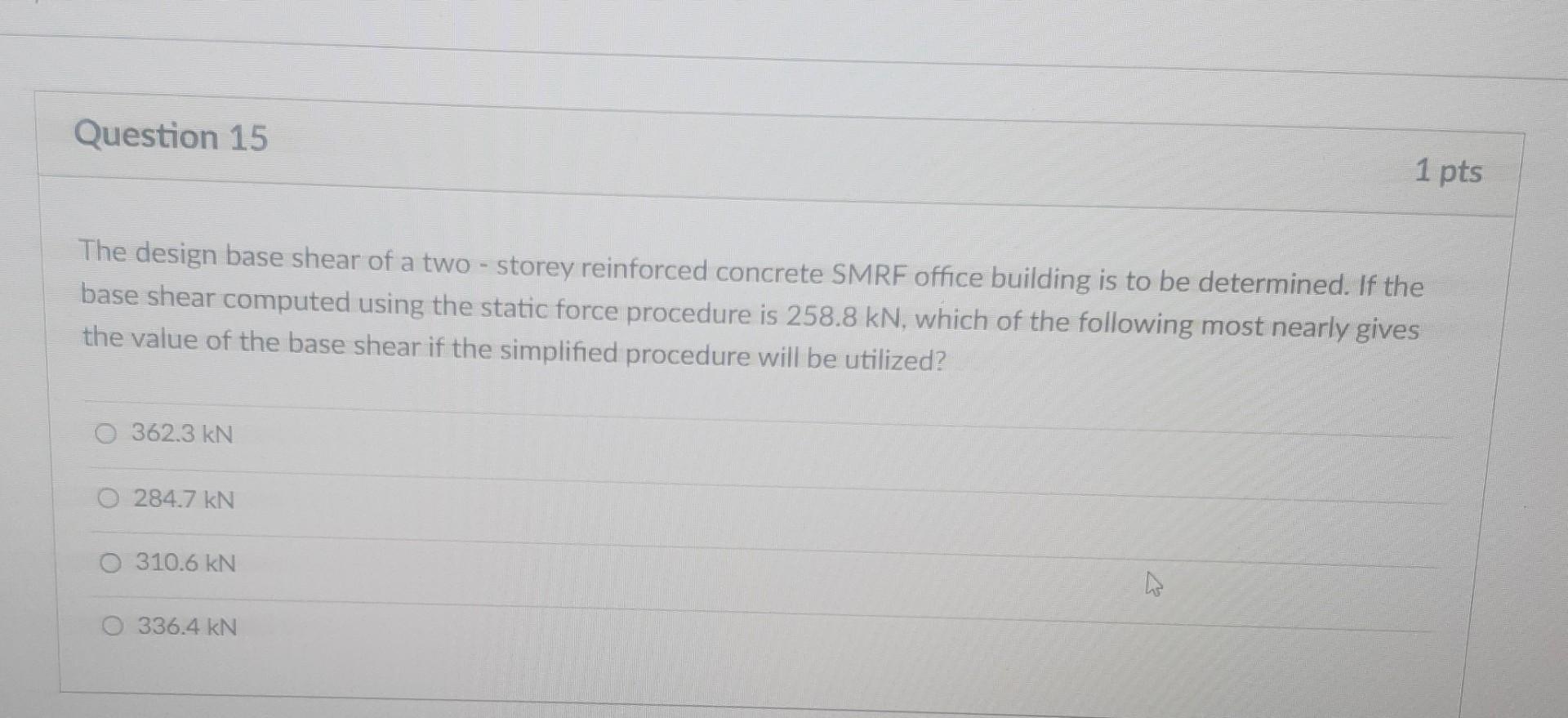 Solved Question 15 1 pts The design base shear of a | Chegg.com