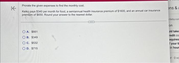 Solved Prorate the given expenses to find the monthly cost. | Chegg.com