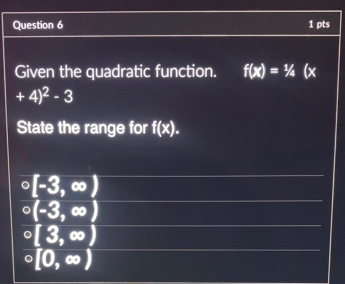 Solved Given the quadratic function. f(x)=1/4(x +4)2−3 State | Chegg.com