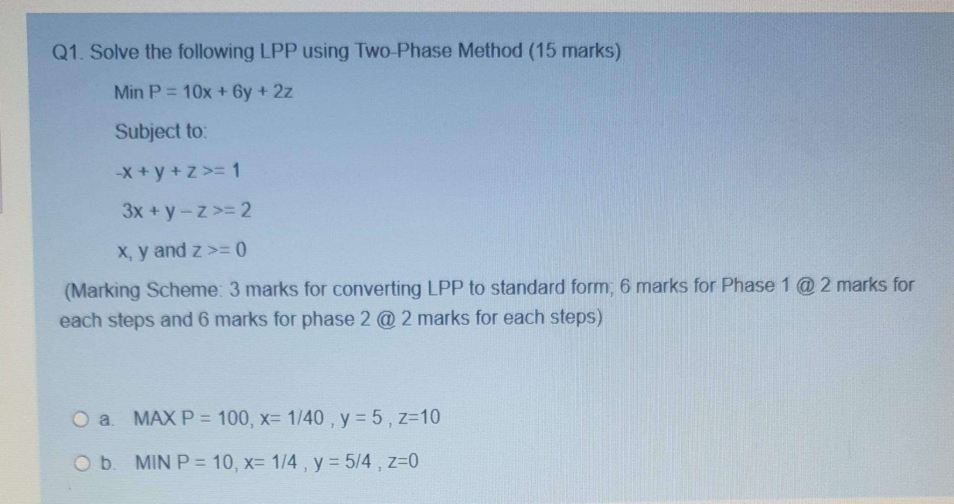 Solved Q1. Solve the following LPP using Two-Phase Method | Chegg.com