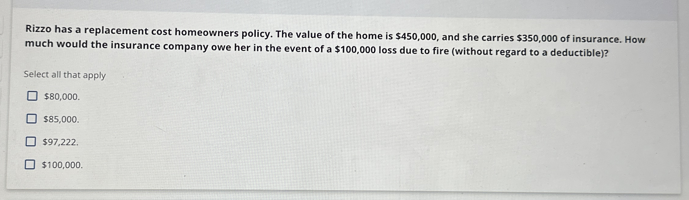 Solved Rizzo has a replacement cost homeowners policy. The | Chegg.com