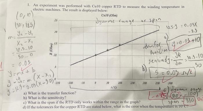 Solved 1. An experiment was performed with Cul0 copper RTD | Chegg.com