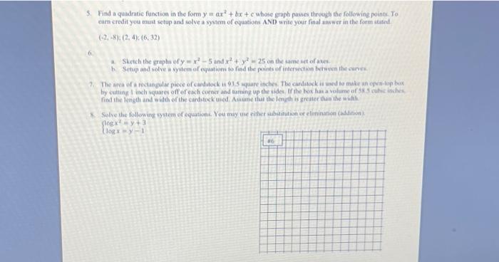 Solved 5. Find a quadratic function in the form y=ax2+bx+c | Chegg.com