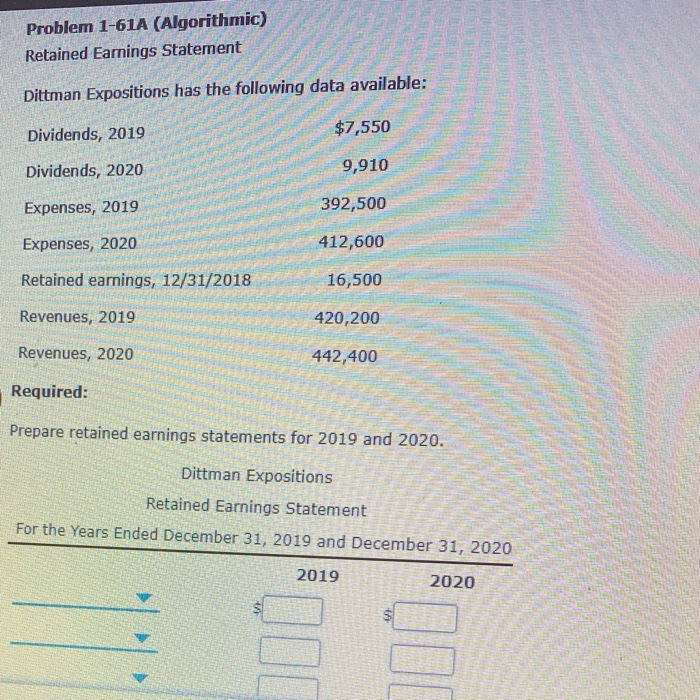 Solved Problem 1-61A (Algorithmic) Retained Earnings | Chegg.com