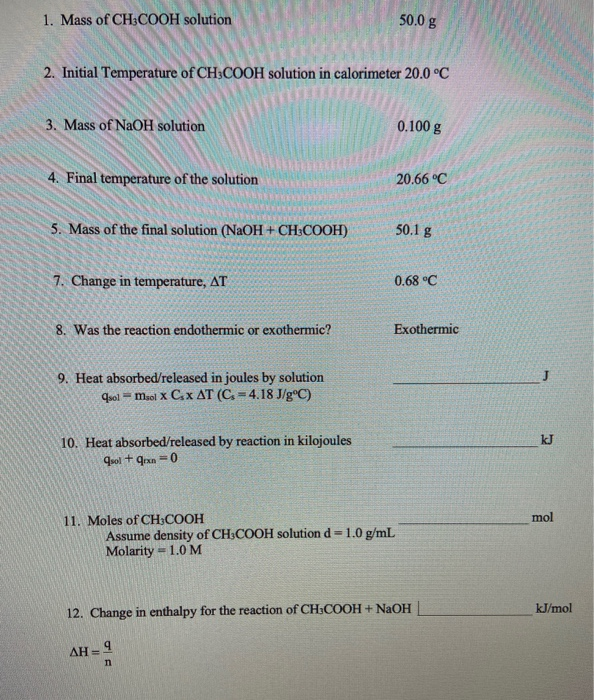 Solved 1. Mass of CH3COOH solution 50.0 2. Initial | Chegg.com