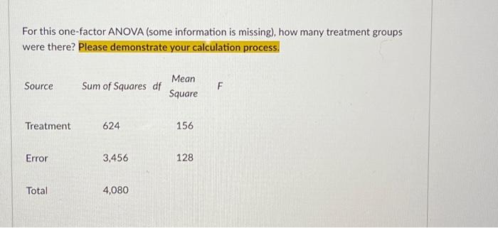 Solved For this one-factor ANOVA (some information is | Chegg.com