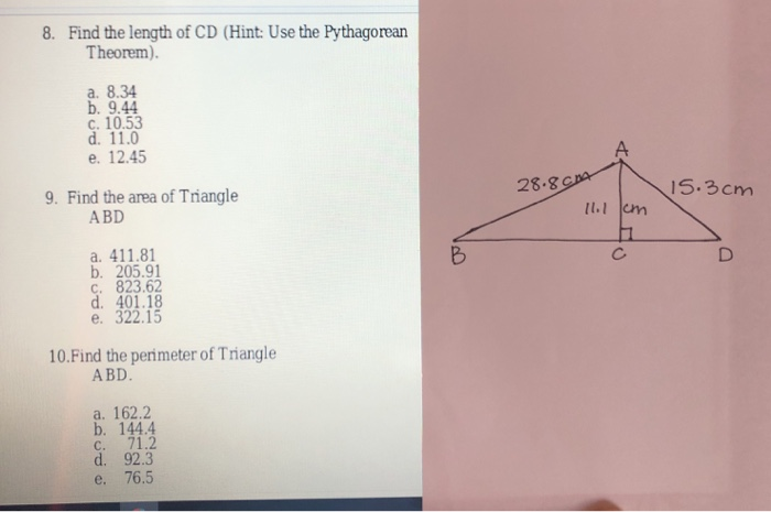 Solved 8. Find the length of CD (Hint: Use the Pythagorean | Chegg.com