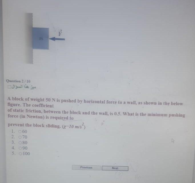 Solved A block of weight 50 N is pushed by horizontal force | Chegg.com