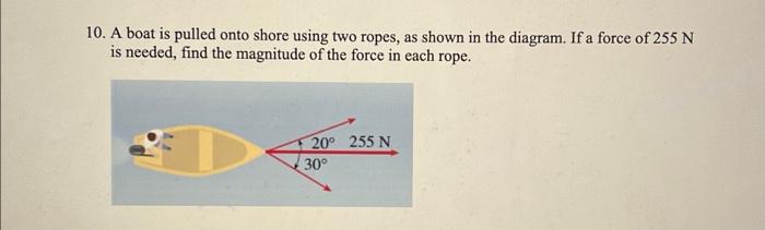 Solved 10. A boat is pulled onto shore using two ropes, as | Chegg.com