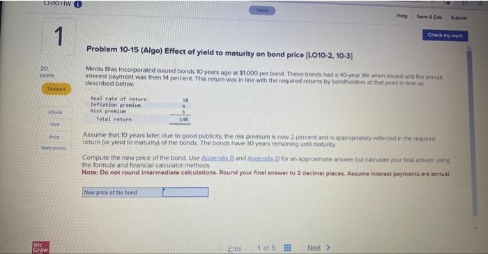 Solved Problem 10-15 (Algo) Effect of yield to maturity on | Chegg.com
