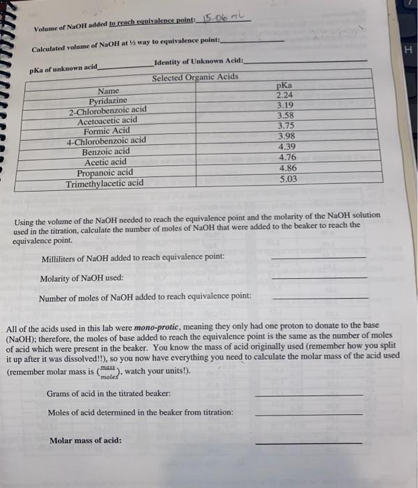 Solved Volume of NaOH added to reach equivalence point: | Chegg.com