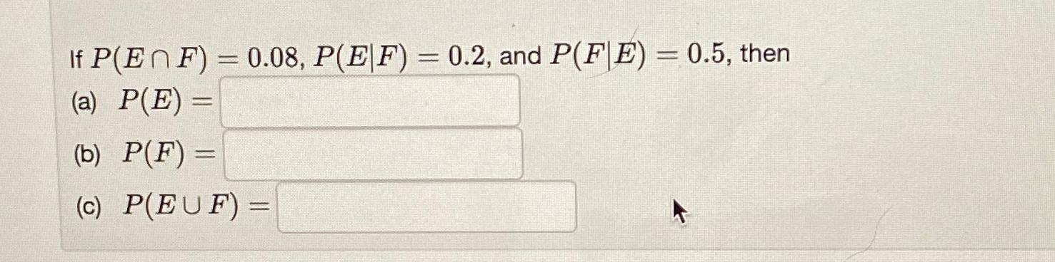 Solved If P(E∩F)=0.08,P(E|F)=0.2, ﻿and P(F|E)=0.5, | Chegg.com
