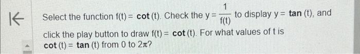 K 1 Select the function f(t) = cot (t). Check the y = | Chegg.com