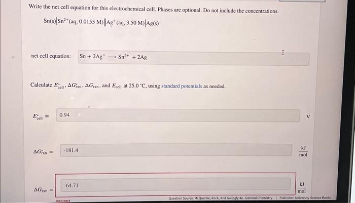 Solved Write the net cell equation for this electrochemical | Chegg.com