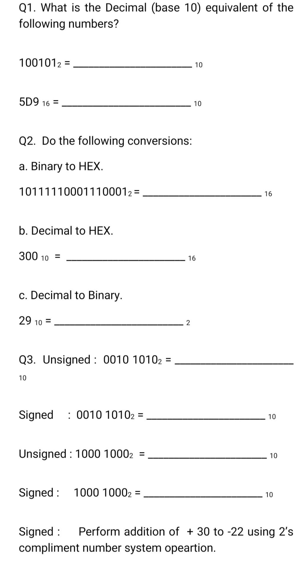 Solved Q1. What is the Decimal (base 10) equivalent of the | Chegg.com