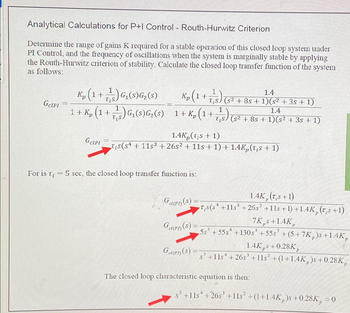 Solved Analytical Calculations for P+I Control - | Chegg.com