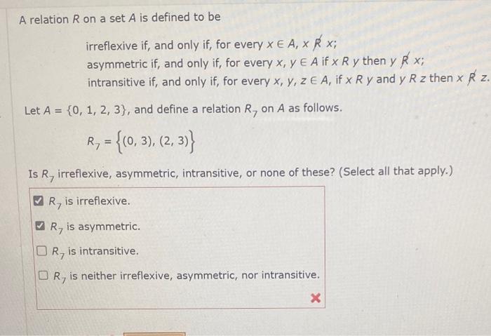 Solved A relation R on a set A is defined to be irreflexive | Chegg.com