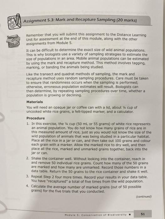 Solved Assignment 5.3: Mark and Recapture Sampling (20 | Chegg.com